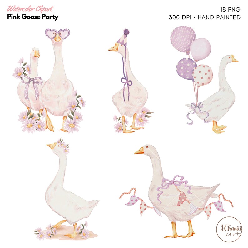 Watercolor Goose Clipart: Pink Party Geese, Wildflowers (PNG) - Etsy