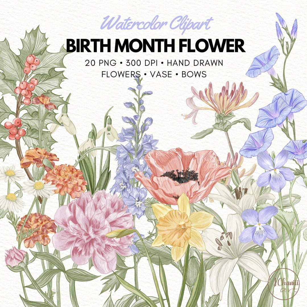 Watercolor Birth Month Flower Clipart: Antique Floral PNG Bundle ...