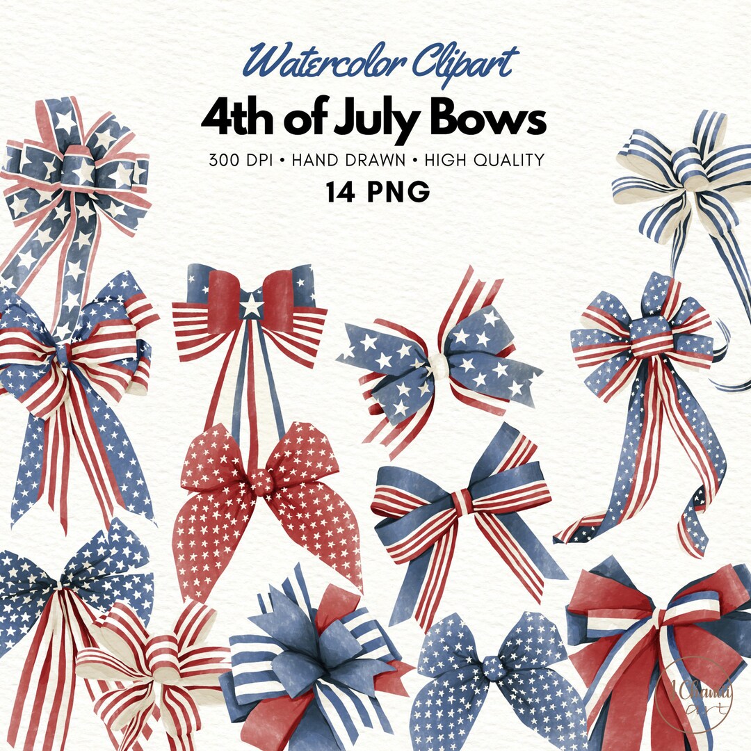 4th of July Bow Clipart, Watercolor Clip Art, Coquette American Girl ...
