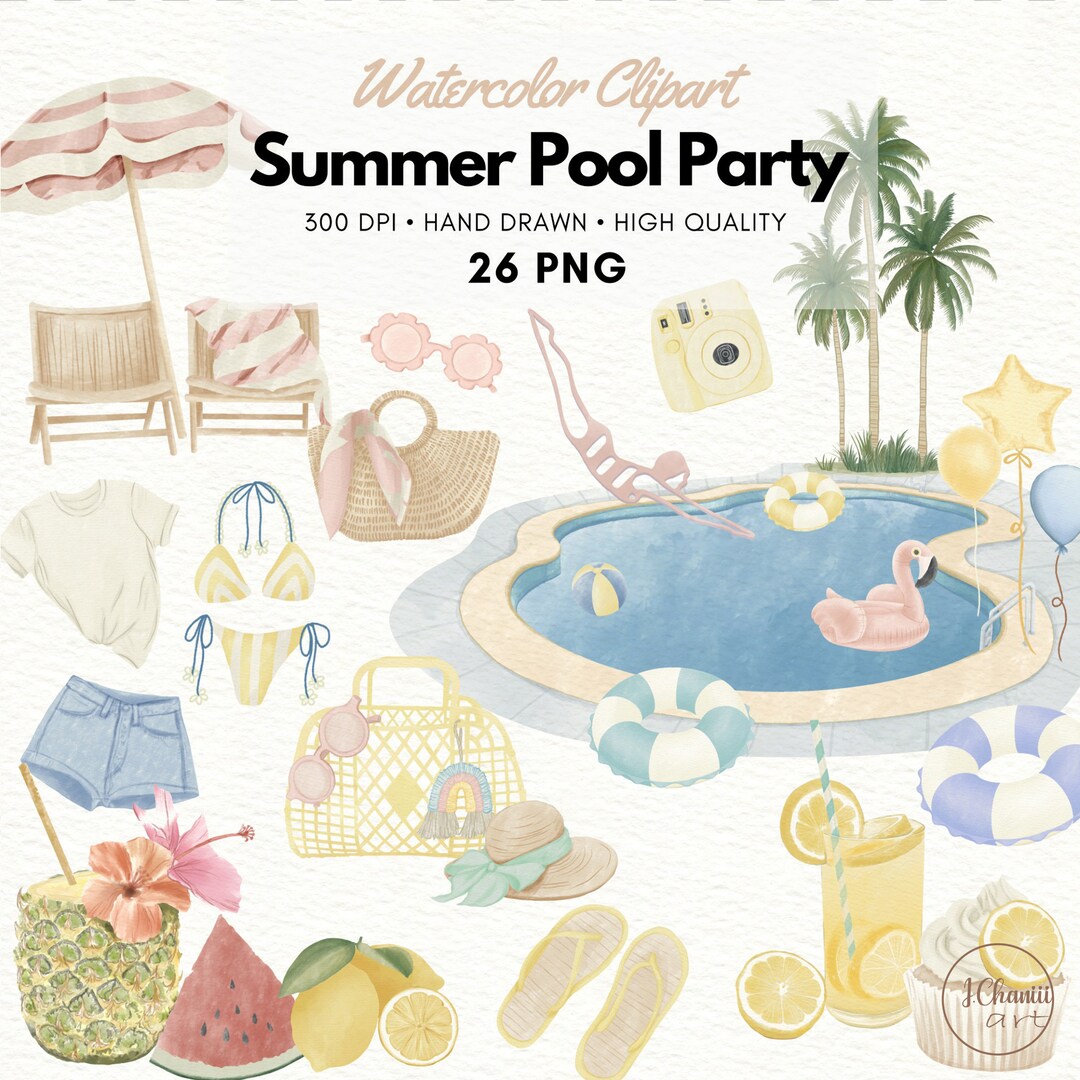 Summer Pool Party Clipart, Watercolor Summer Clipart, Pool Party ...