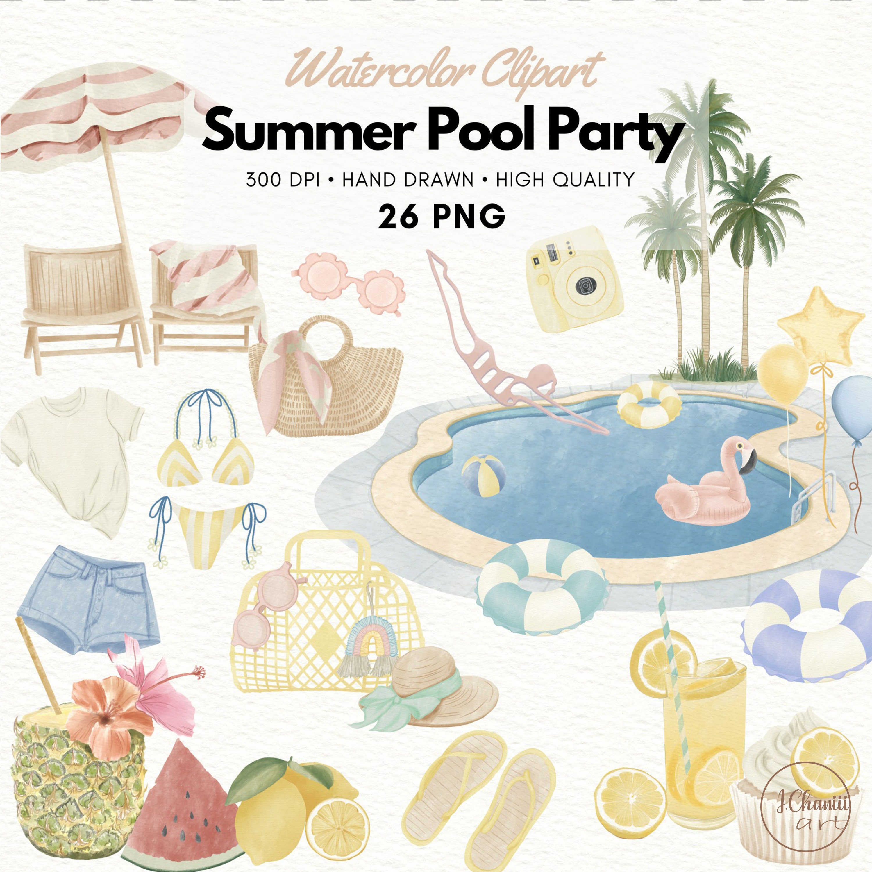 Summer Pool Party Clipart, Watercolor Summer Clipart, Pool Party ...