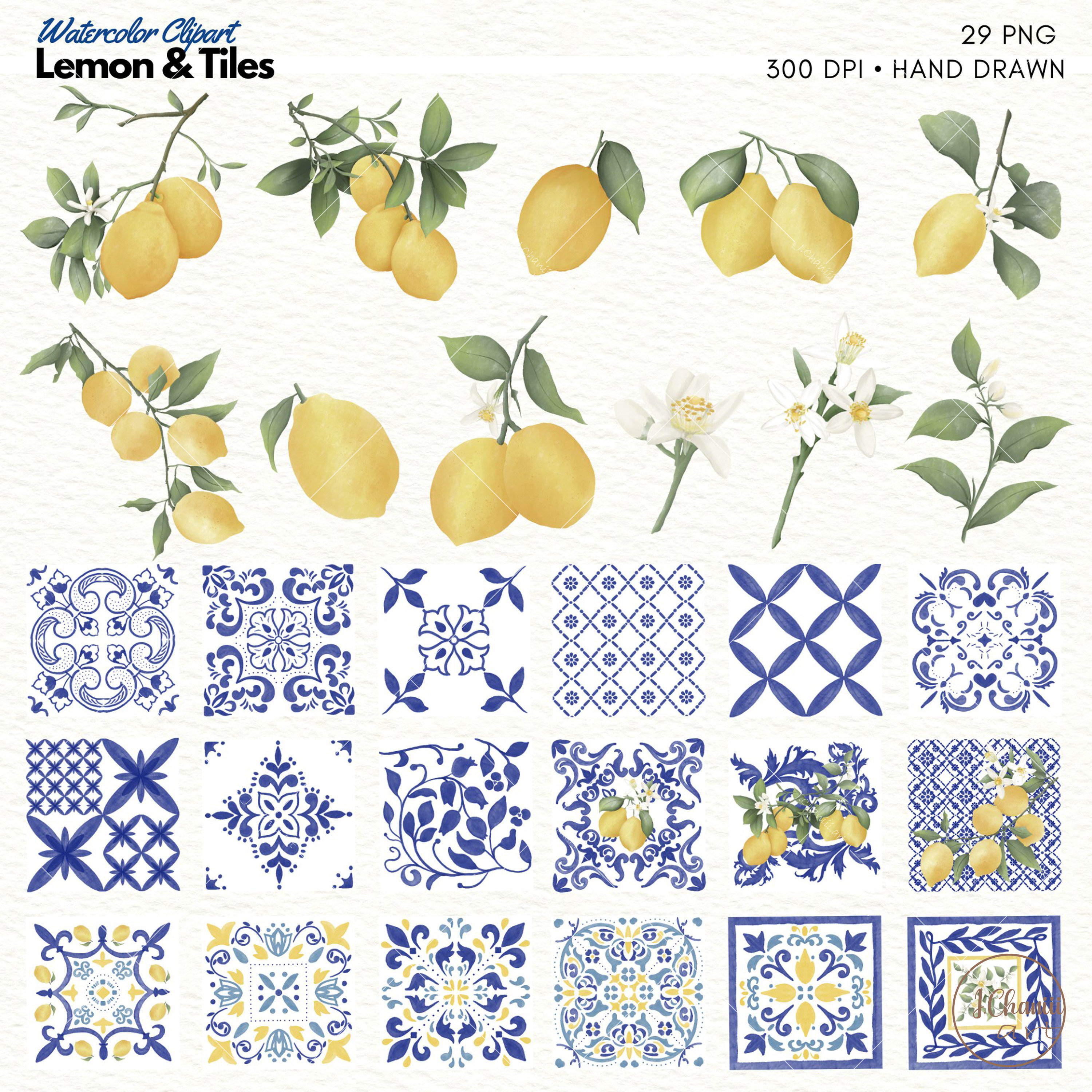 Lemons Mediterranean Tiles Clipart, Watercolor Lemons Clipart ...