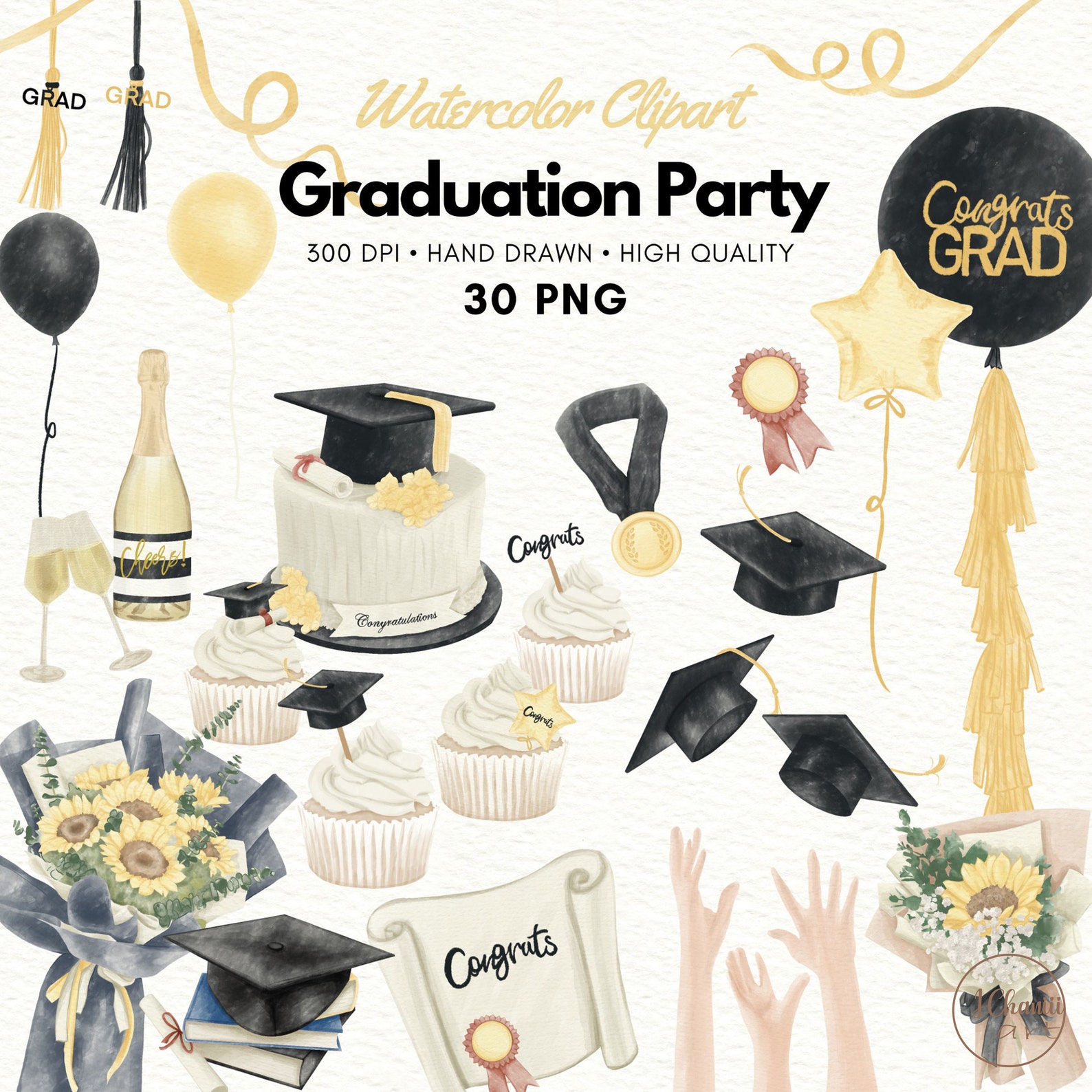 Graduation Party Clipart, Watercolor Graduation Clipart, Congrats Hat ...