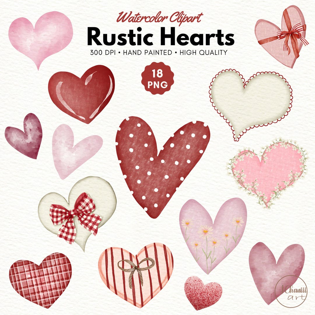 Rustic Heart Clipart, Watercolor Hearts Clipart, Heart Clipart, Boho ...