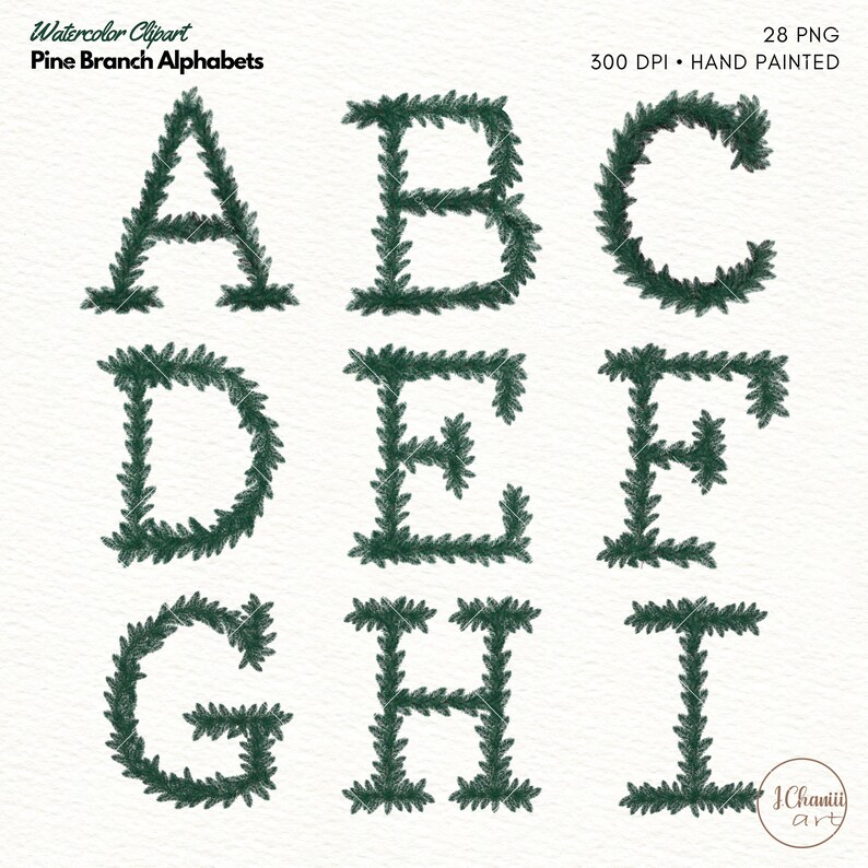Pine Branch Alphabet Clipart, Watercolor Tropical Leaves Alphabet Clip ...