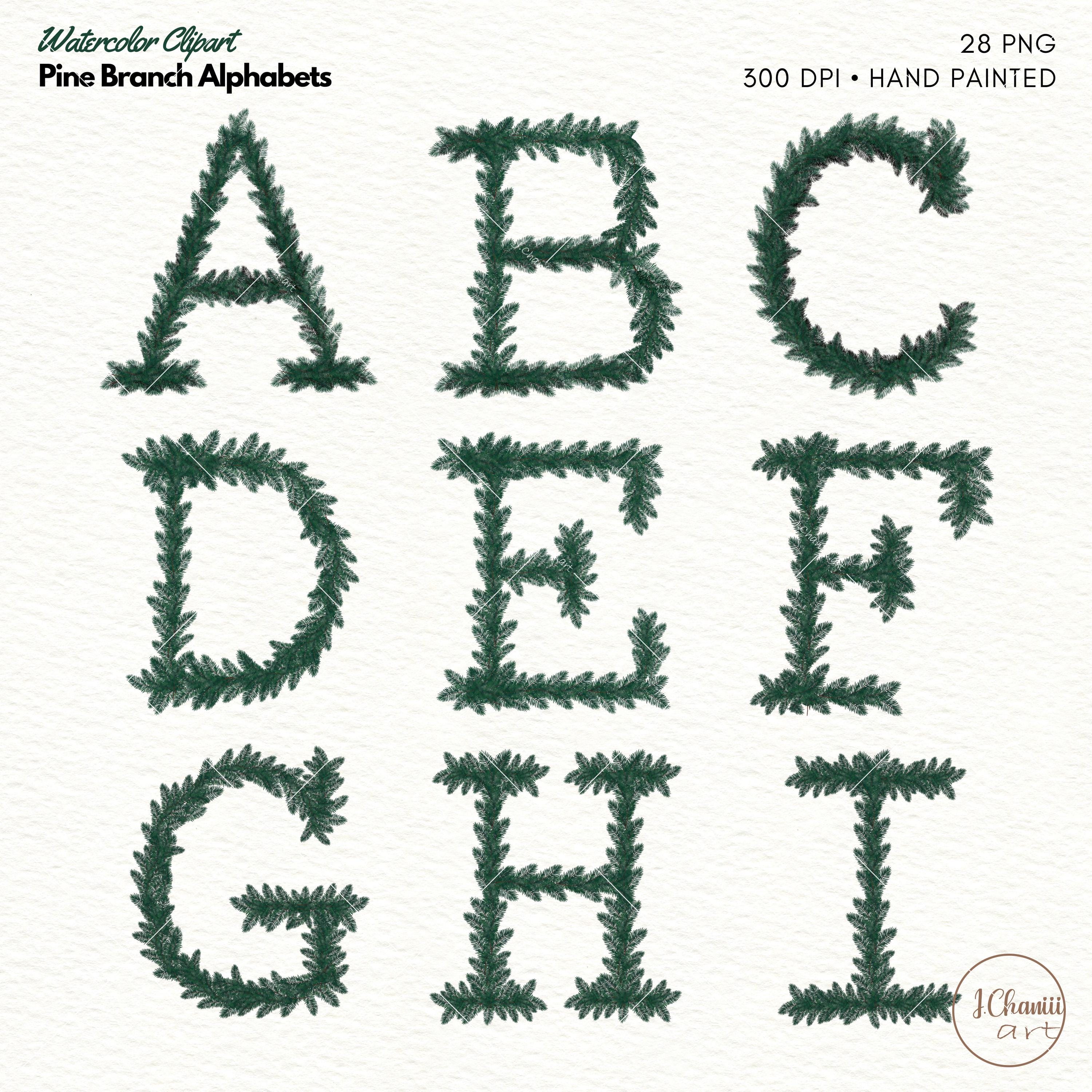 Pine Branch Alphabet Clipart, Watercolor Tropical Leaves Alphabet Clip ...