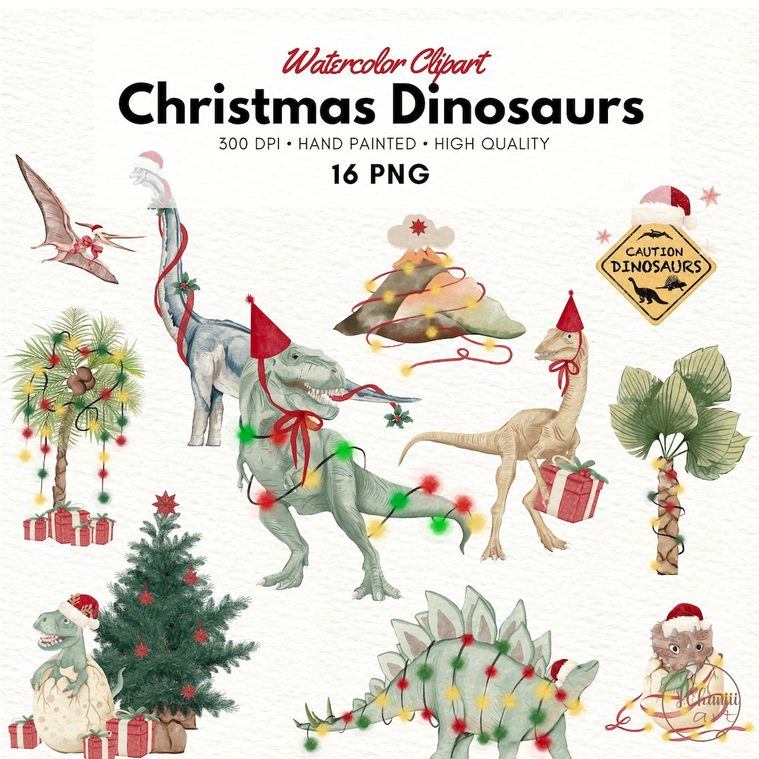 Christmas Dinosaur Clipart, Watercolor Dinosaur for Kids, Cute Dinosaur ...