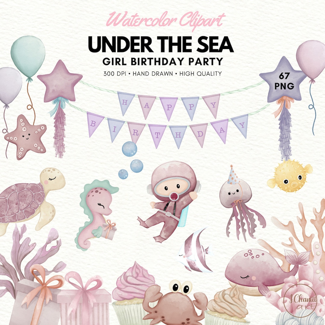 Watercolor Under the Sea Clipart: Pink Birthday Party (PNG) - Etsy