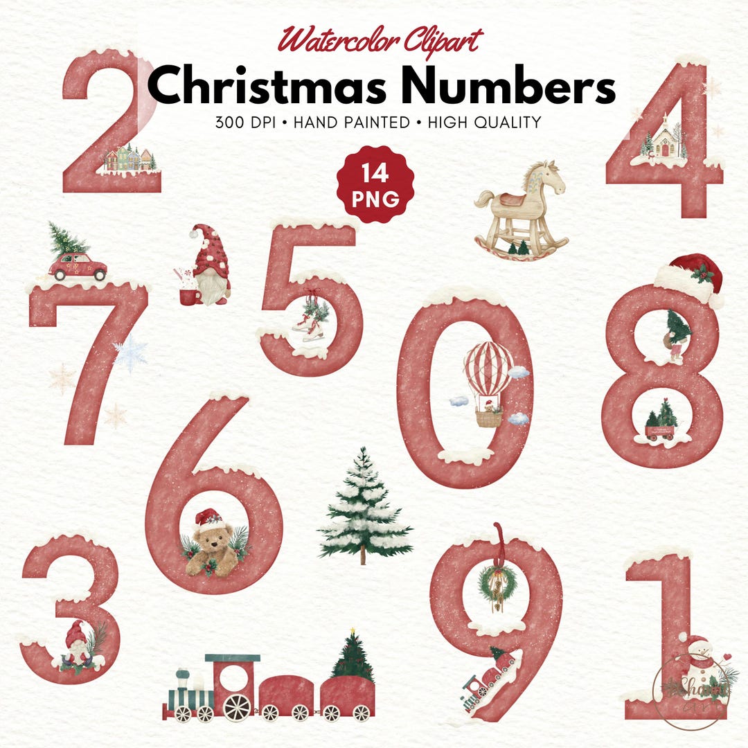 Christmas Watercolor Numbers Clipart, Hand-painted Snowy Holiday ...