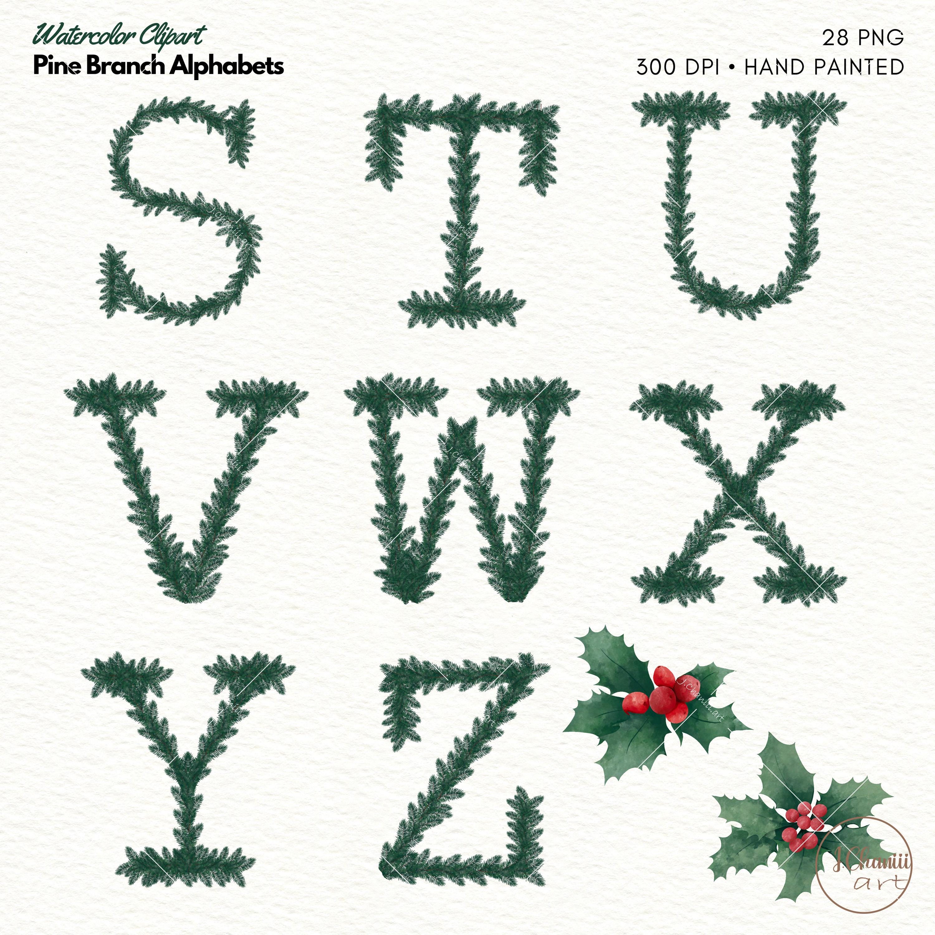 Pine Branch Alphabet Clipart, Watercolor Tropical Leaves Alphabet Clip ...