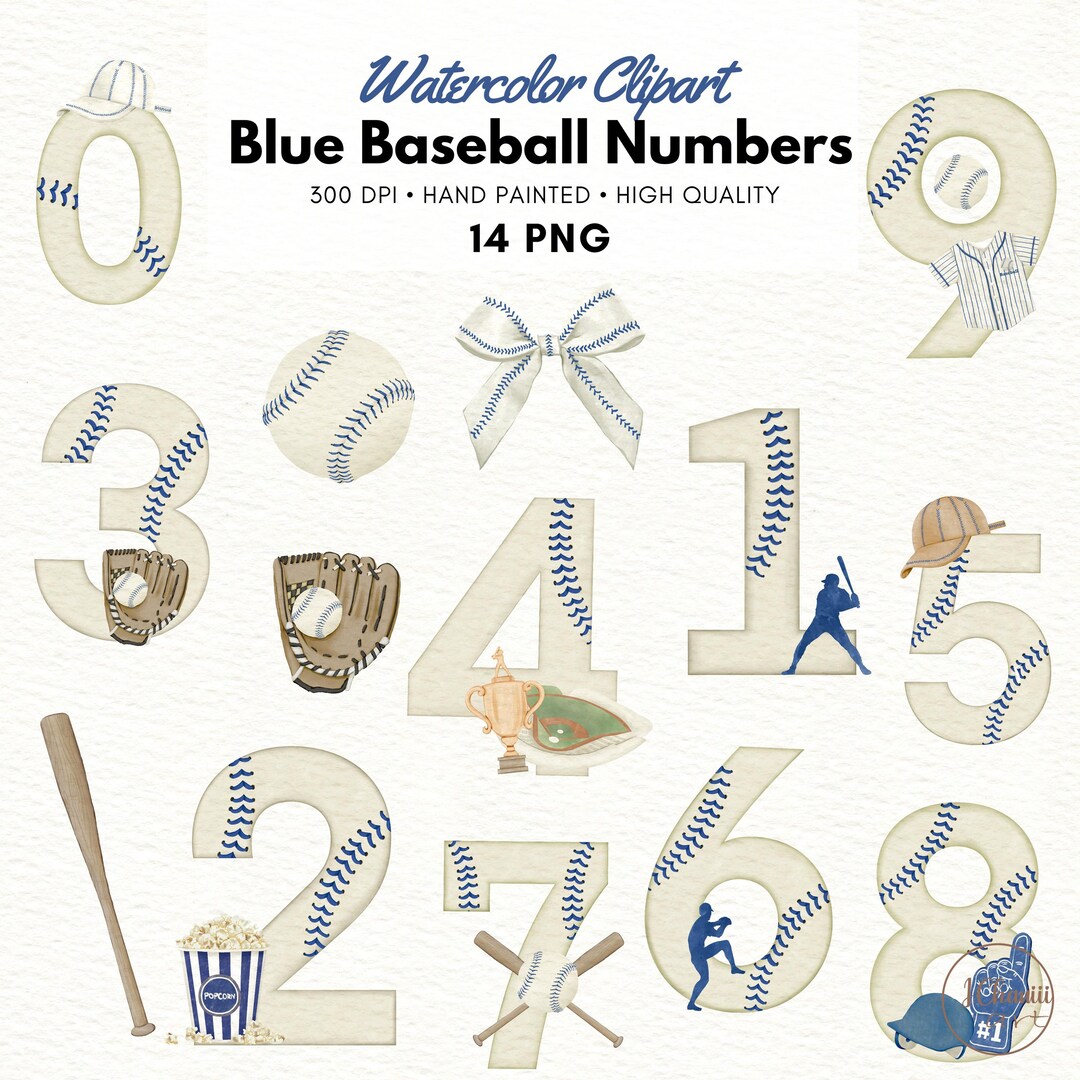 Blue Baseball Numbers Clipart, Watercolor Baseball Clip Art, Gloves ...