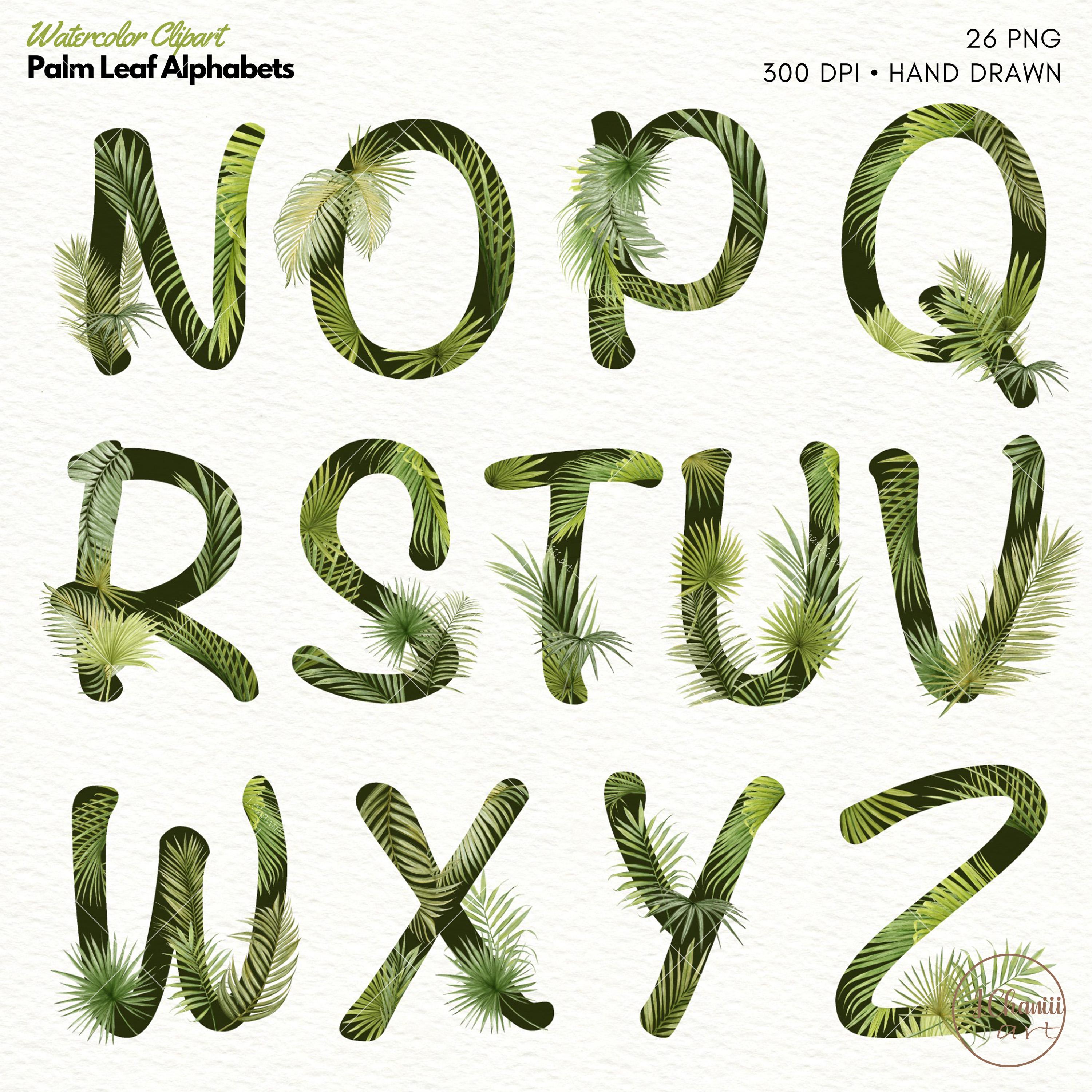 Palm Leaf Alphabet Clipart, Watercolor Tropical Leaves Alphabet Clip ...
