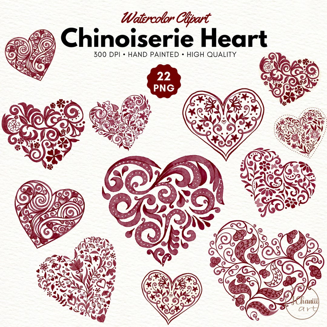 Chinoiserie Heart Clipart, Watercolor Valentine Clipart, Chinoiserie ...