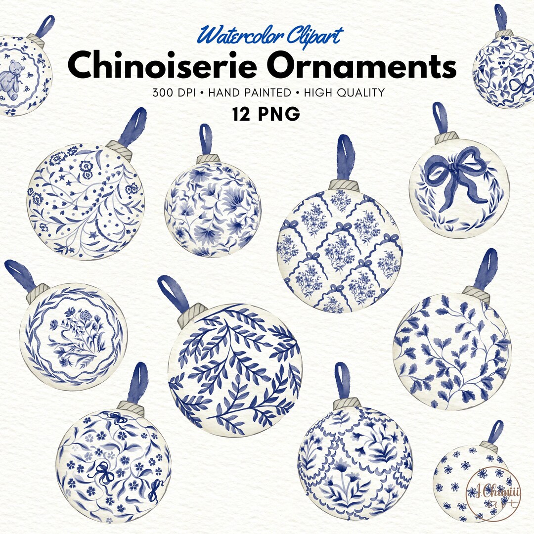 Chinoiserie Christmas Clipart, Watercolor Chinoiserie Ornament ...