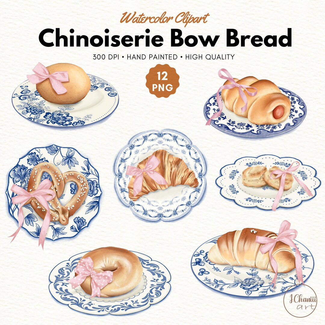 Chinoiserie Bow Bread Clipart, Watercolor Chinoiserie Floral Clipart ...