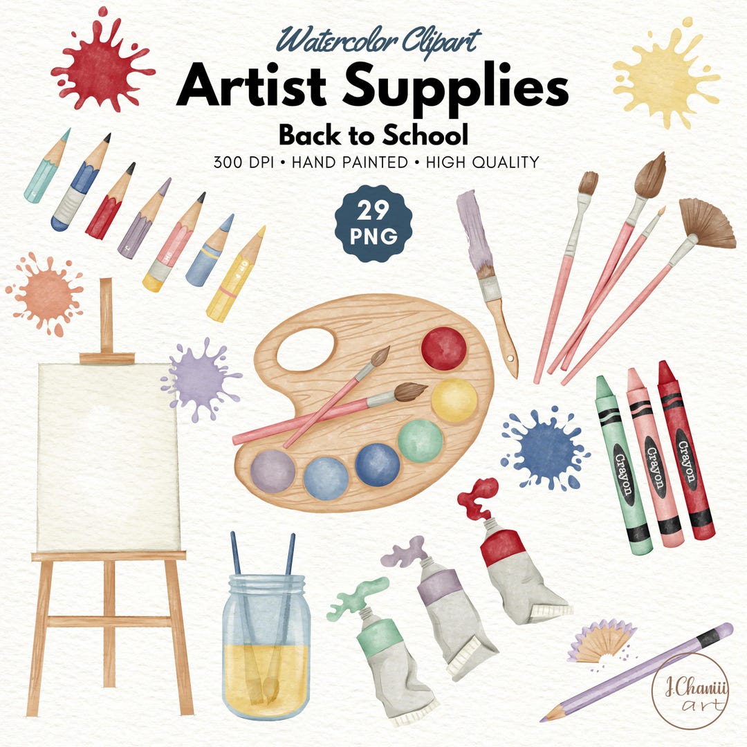 Back to School Clipart, Watercolor Artist Supplies Clipart, School Art ...