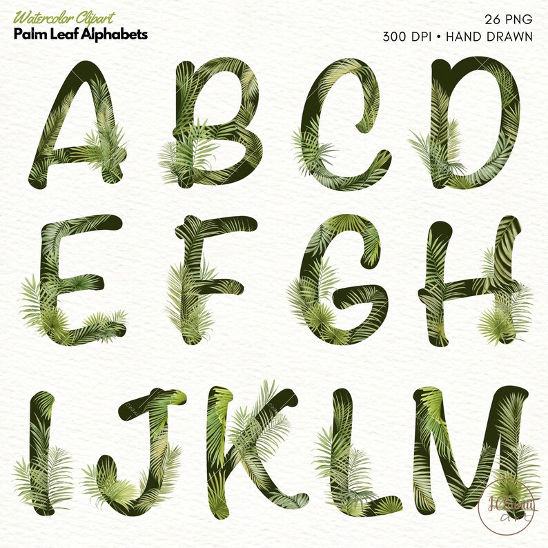 Palm Leaf Alphabet Clipart, Watercolor Tropical Leaves Alphabet Clip ...