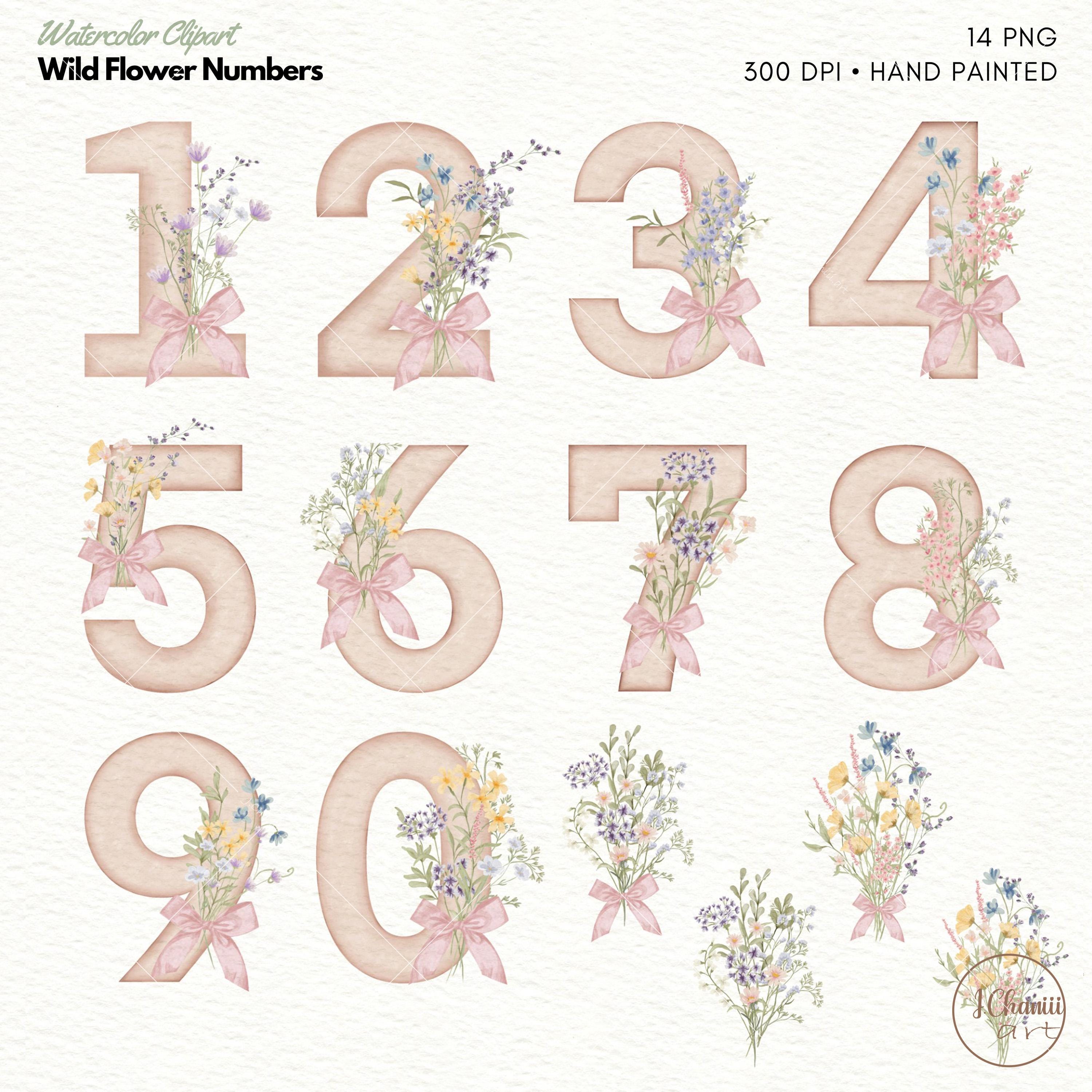 Watercolor Wildflower Numbers Clipart: Nursery Decor (PNG) - Etsy