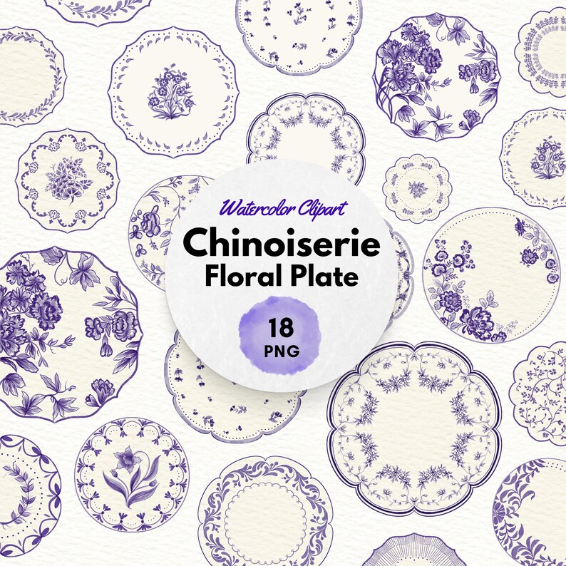 Watercolor Clipart Bundle, Chinoiserie Floral Plate Clipart ...