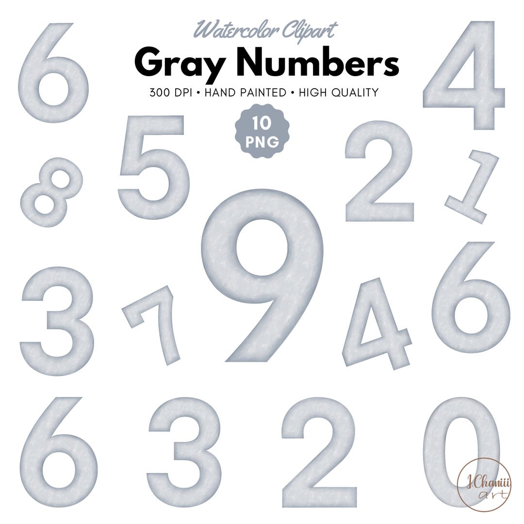 Gray Numbers Clipart, Watercolor Cute Numbers Clip Art, 0-9 Numbers ...