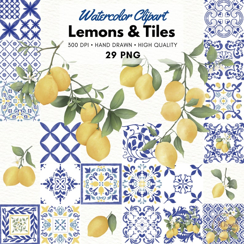 Lemons Mediterranean Tiles Clipart, Watercolor Lemons Clipart ...
