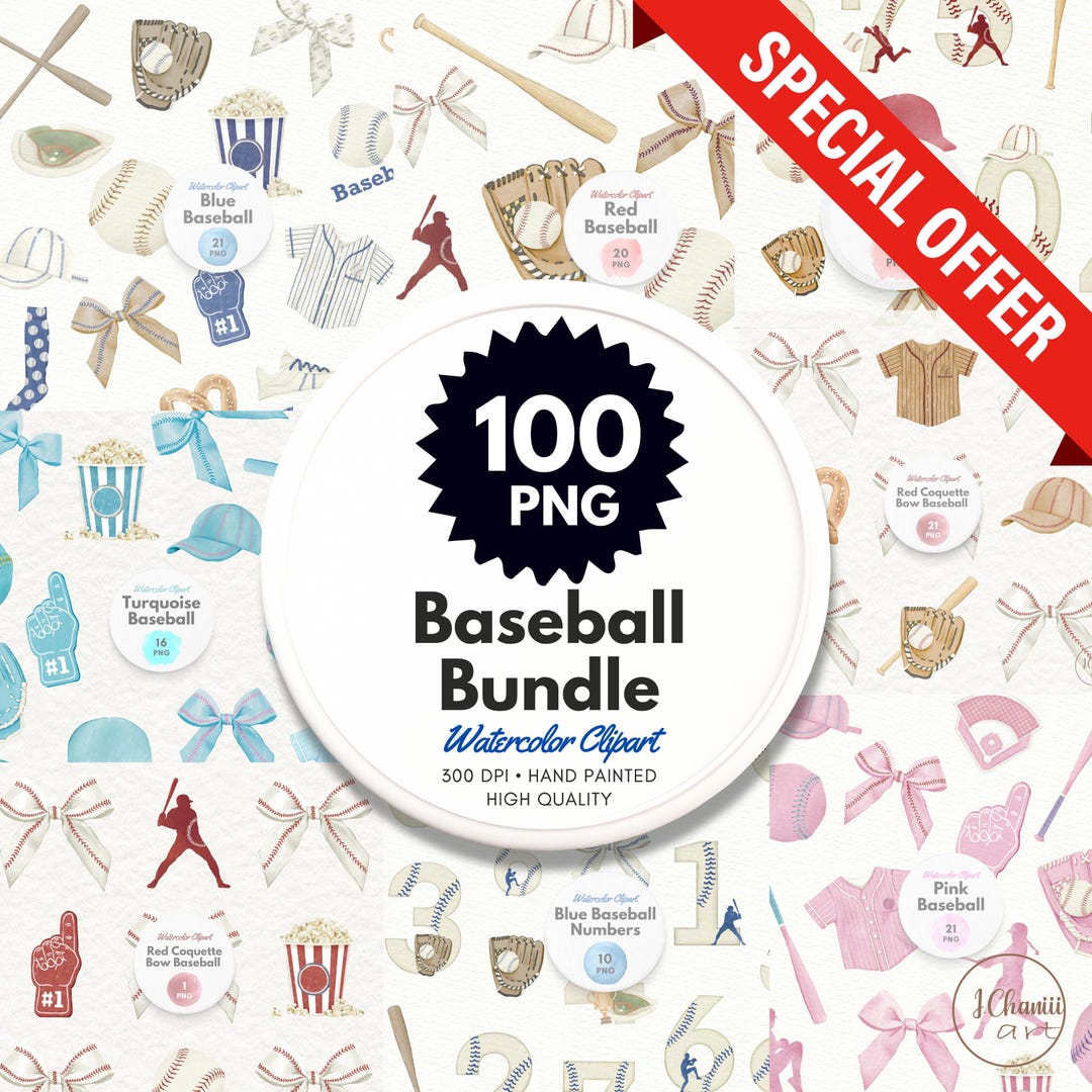Watercolor Clipart Bundle, Watercolor Baseball Clipart, Sports, Bows ...