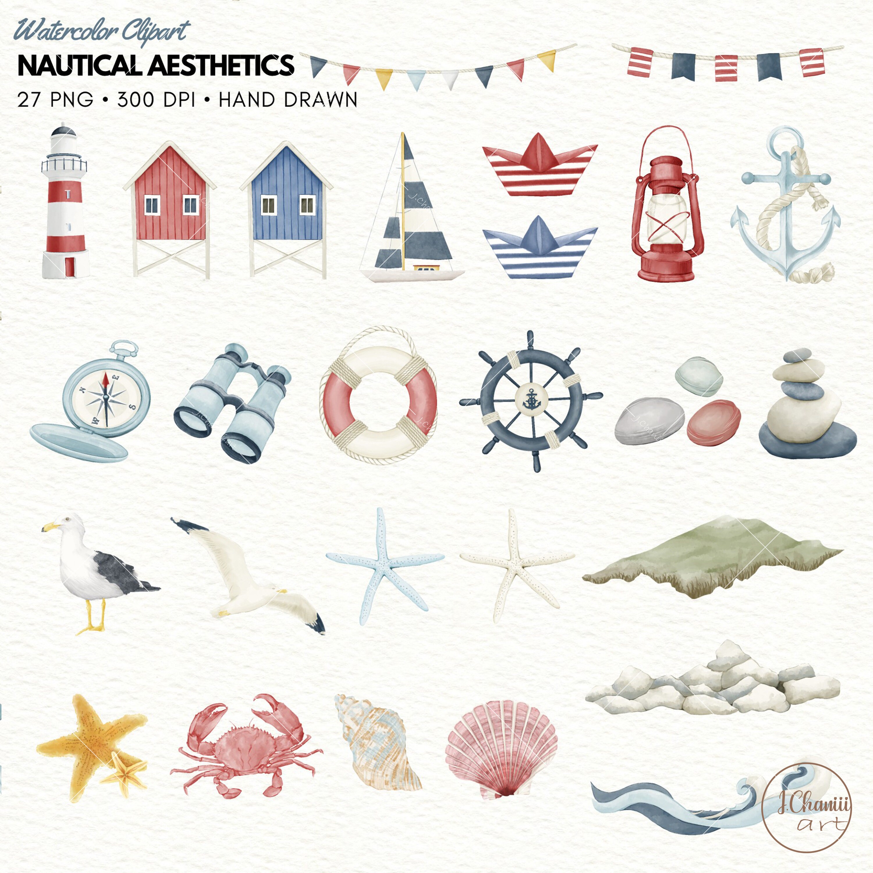 Watercolor Nautical Aesthetics Clipart, Beach, Marine, Sea, Lighthouse ...