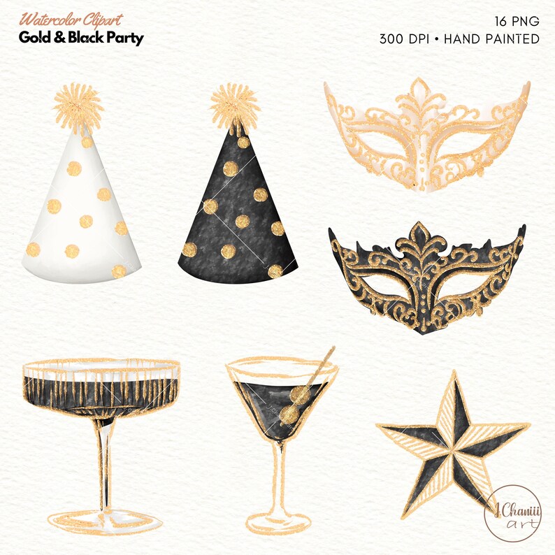 Watercolor Gold & Black Party Clipart: New Year PNG (digital Download ...