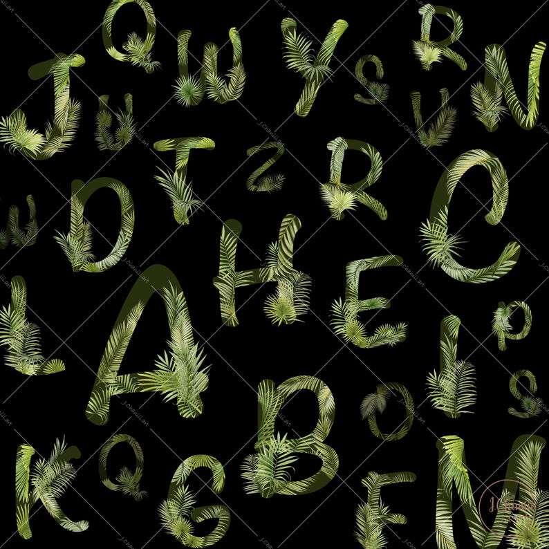 Palm Leaf Alphabet Clipart, Watercolor Tropical Leaves Alphabet Clip ...