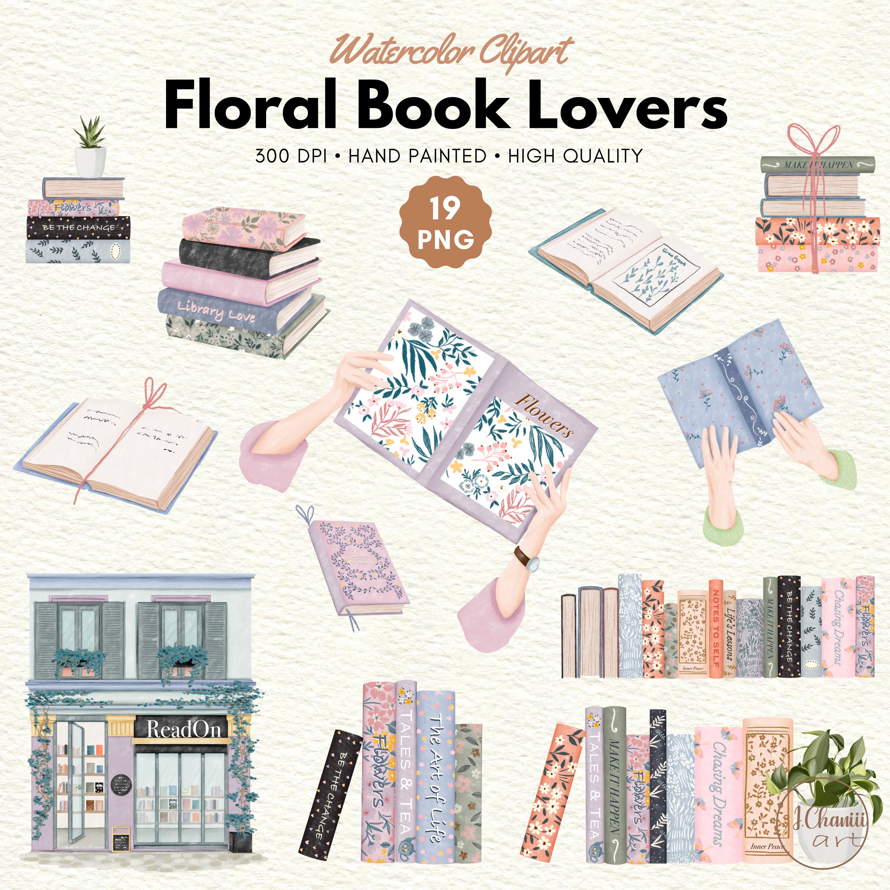 Watercolor Book Lover Clipart: Floral Bookshop PNG (digital Download ...