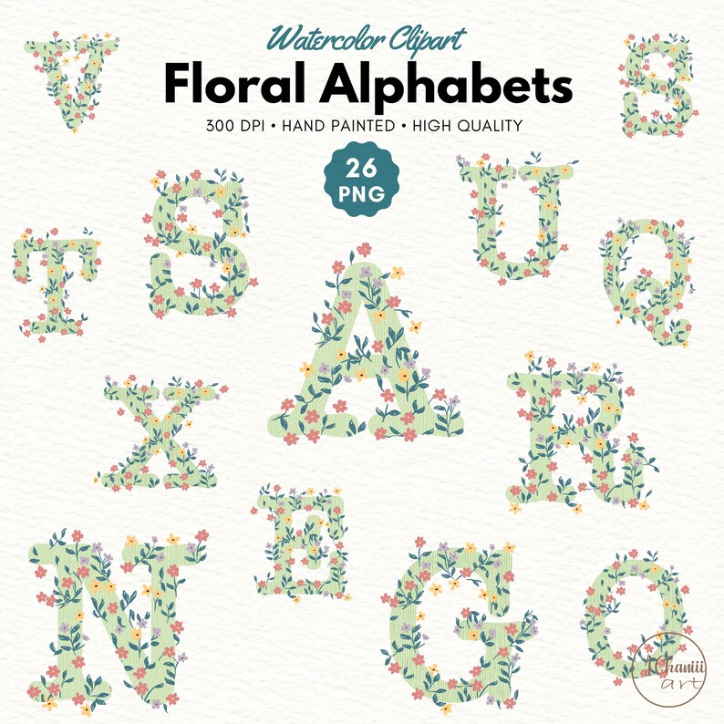 Lime Cream Floral Alphabets Clipart Set, Watercolor Flower Letters ...