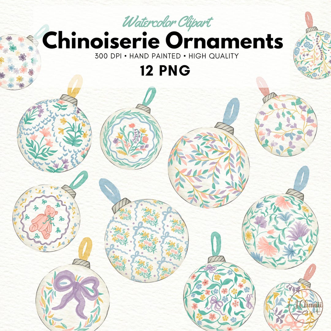 Chinoiserie Christmas Clipart, Watercolor Chinoiserie Ornament ...