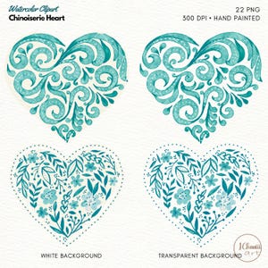 Chinoiserie Heart Clipart: Watercolor Floral Valentine PNG (commercial ...