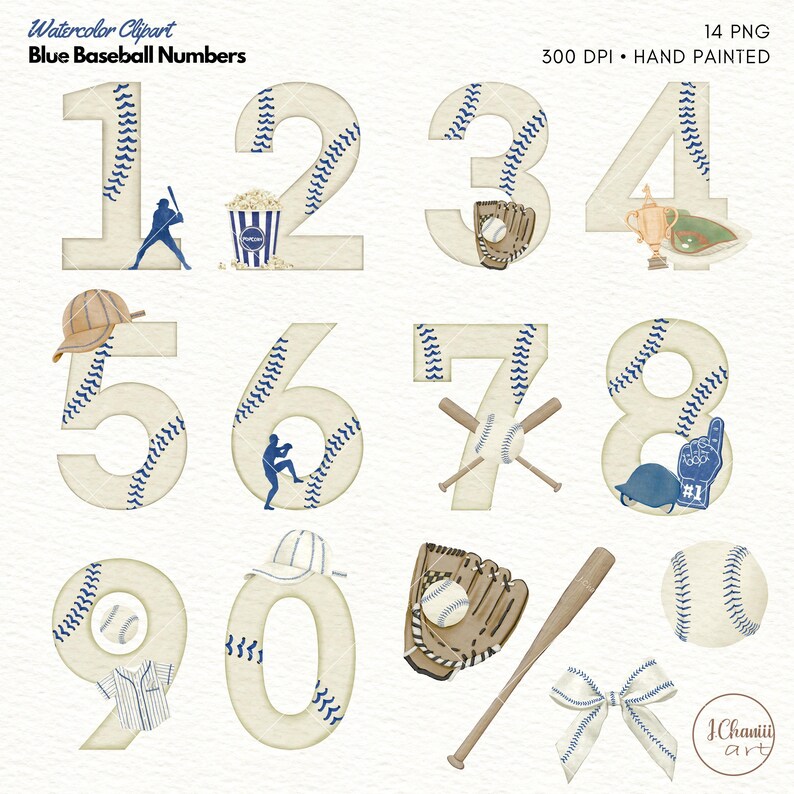 Blue Baseball Numbers Clipart, Watercolor Baseball Clip Art, Gloves ...