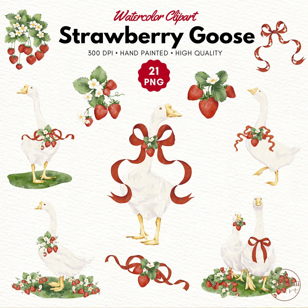 Strawberry Goose Clipart, Watercolor Silly Goose Clip Art, Goose ...