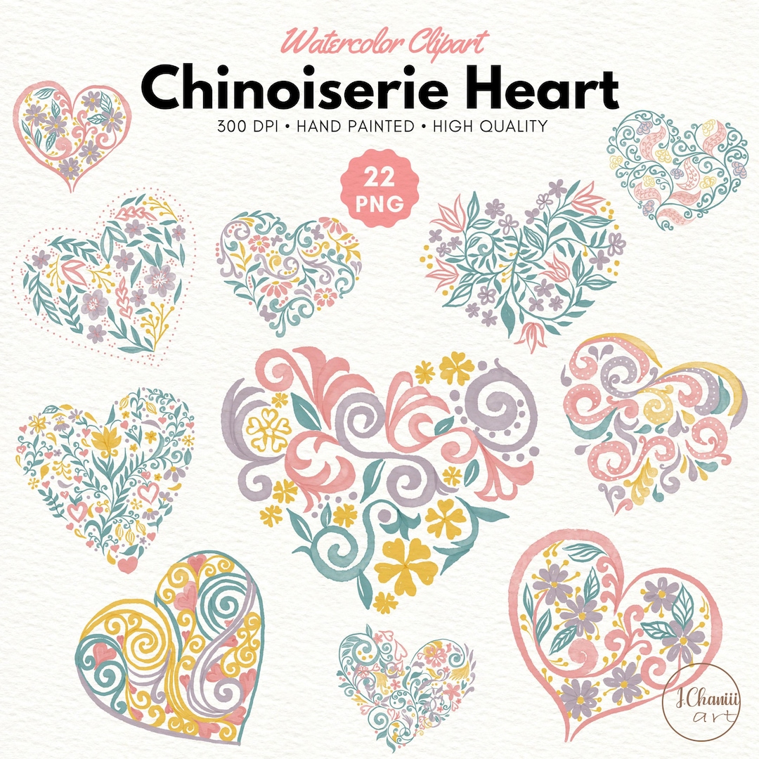 Watercolor Chinoiserie Heart Clipart: Floral Valentine PNG (commercial ...