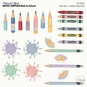 Back to School Clipart, Watercolor Artist Supplies Clipart, School Art ...