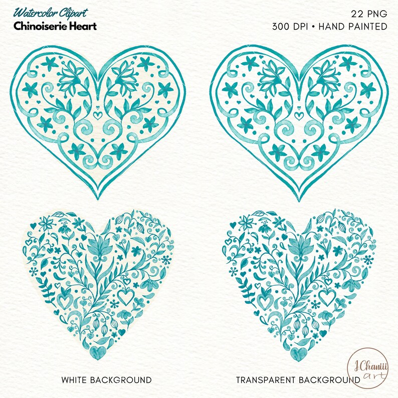 Chinoiserie Heart Clipart: Watercolor Floral Valentine PNG (commercial ...