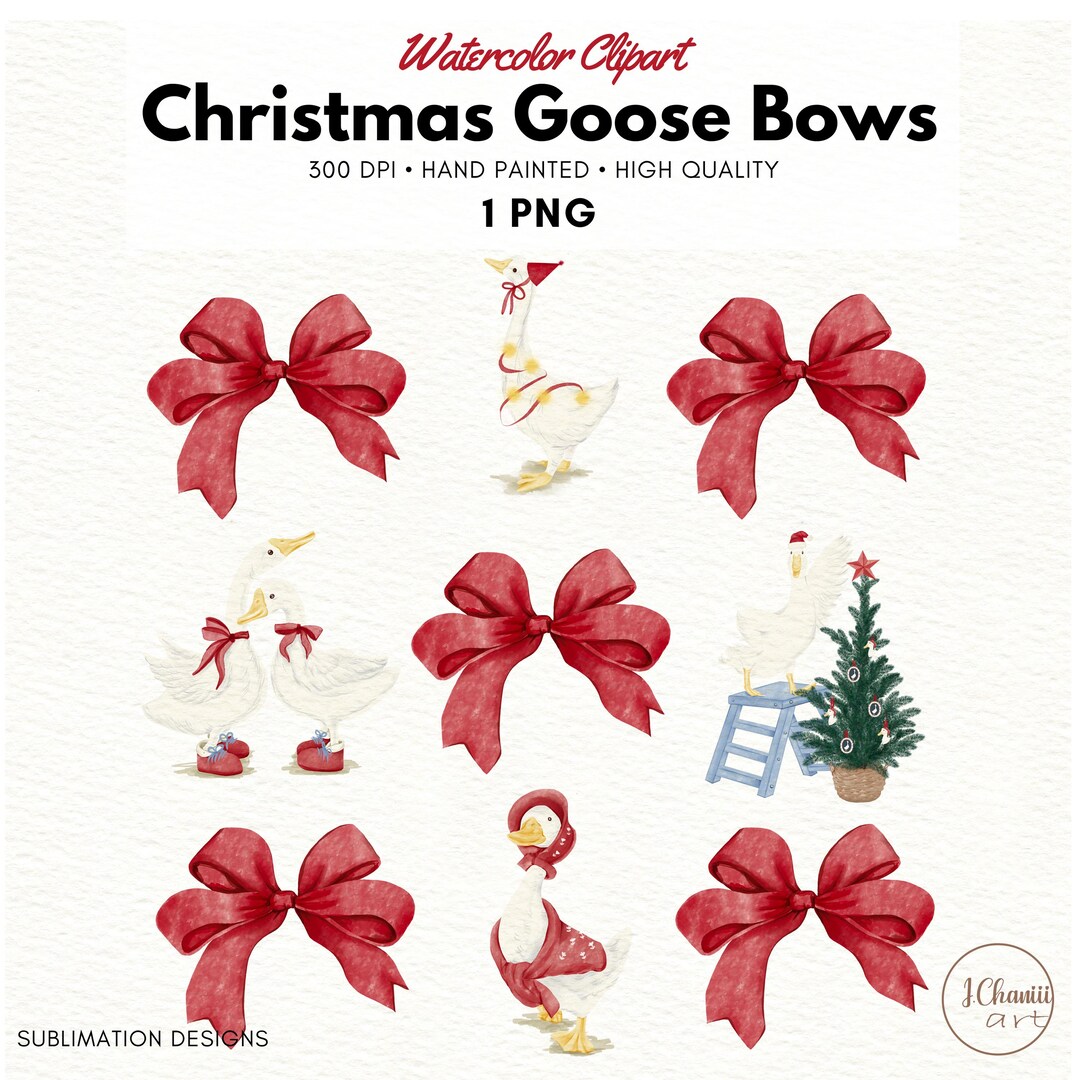 Christmas Goose Bow PNG, Watercolor Christmas Clipart, Goose Png, Goose ...