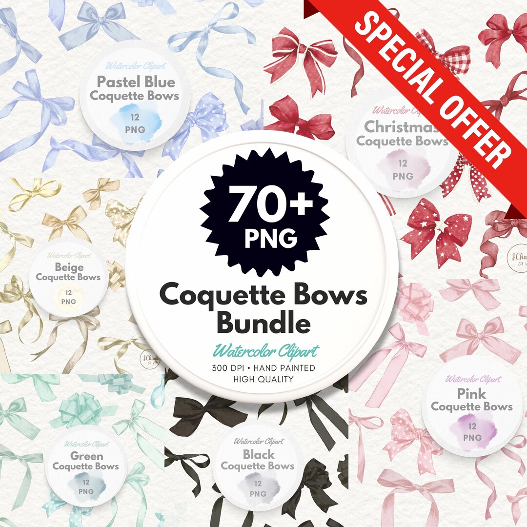 Watercolor Clipart Bundle, Coquette Bows Clipart, Coquette Bows, Ribbon ...