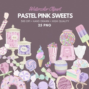 Watercolor Pastel Pink Sweets Clipart, Candyland Clipart, Candy Floss ...