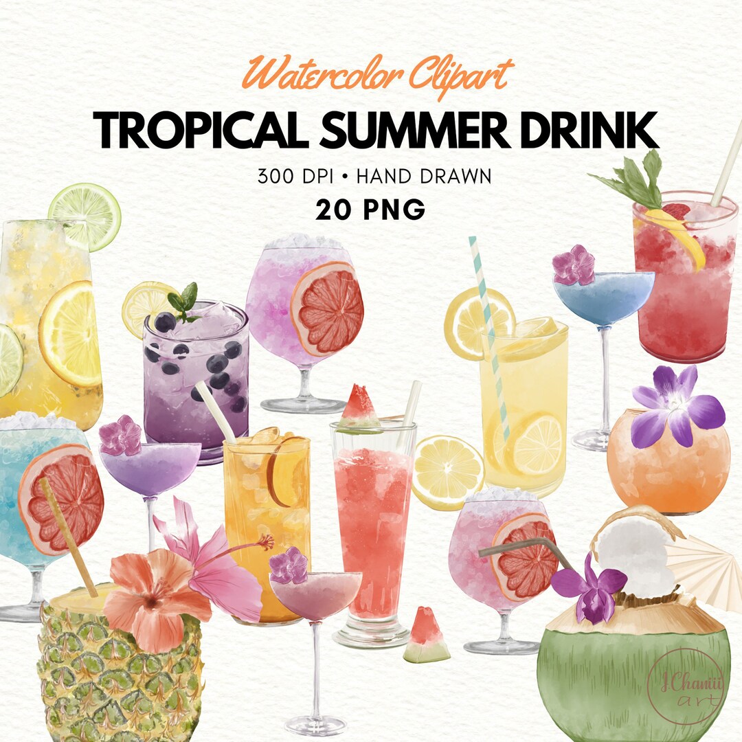 Watercolor Tropical Summer Drink Clipart, Cocktail, Hawaii Summer Party ...