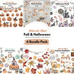 6 Bundle Pack, Watercolor Fall Clipart, Halloween Clipart, Cozy Autumn ...