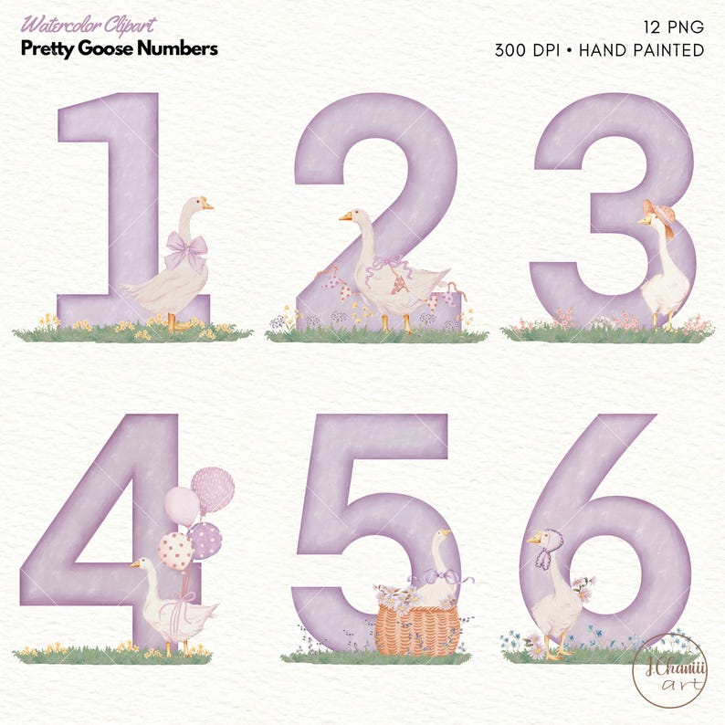 Pretty Goose Numbers Clipart, Watercolor Silly Goose Numbers Clip Art ...