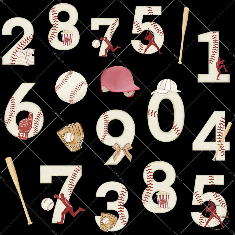 Red Baseball Numbers Clipart, Watercolor Baseball Clip Art, Gloves ...