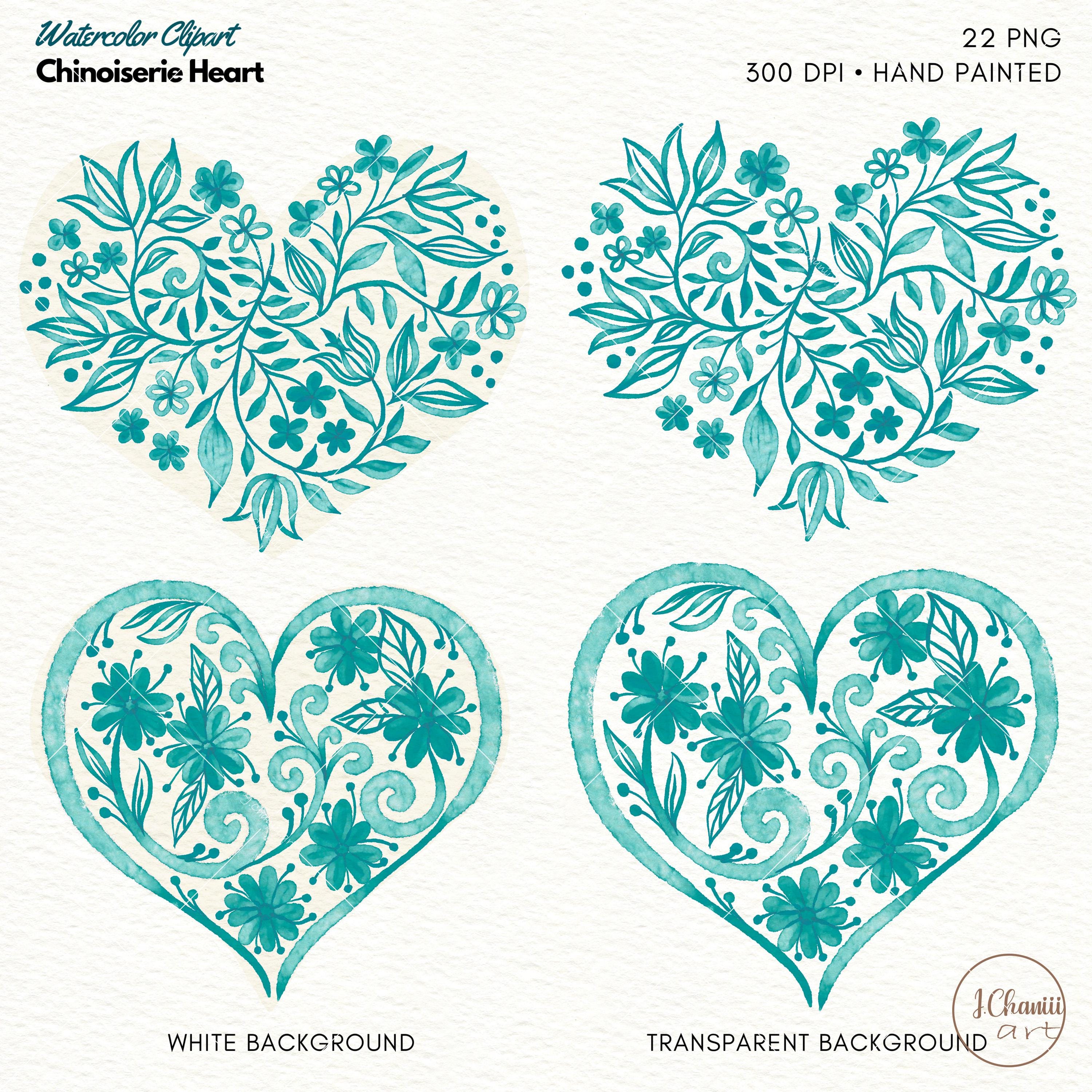 Chinoiserie Heart Clipart: Watercolor Floral Valentine PNG (commercial ...