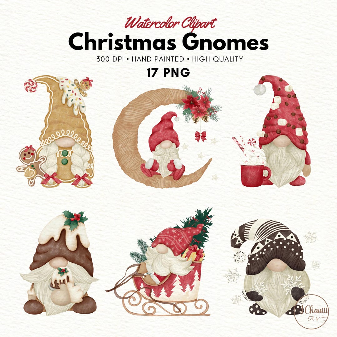 Christmas Gnome Clipart Bundle, Watercolor Christmas Gnome PNG, Gnome ...