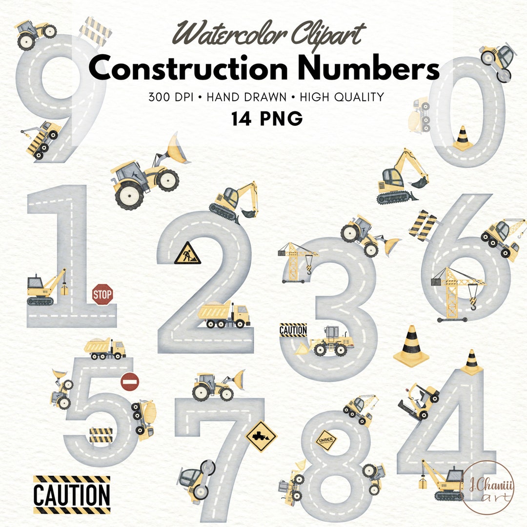 Watercolor Construction Numbers Clipart: Vehicle Birthday (PNG) - Etsy