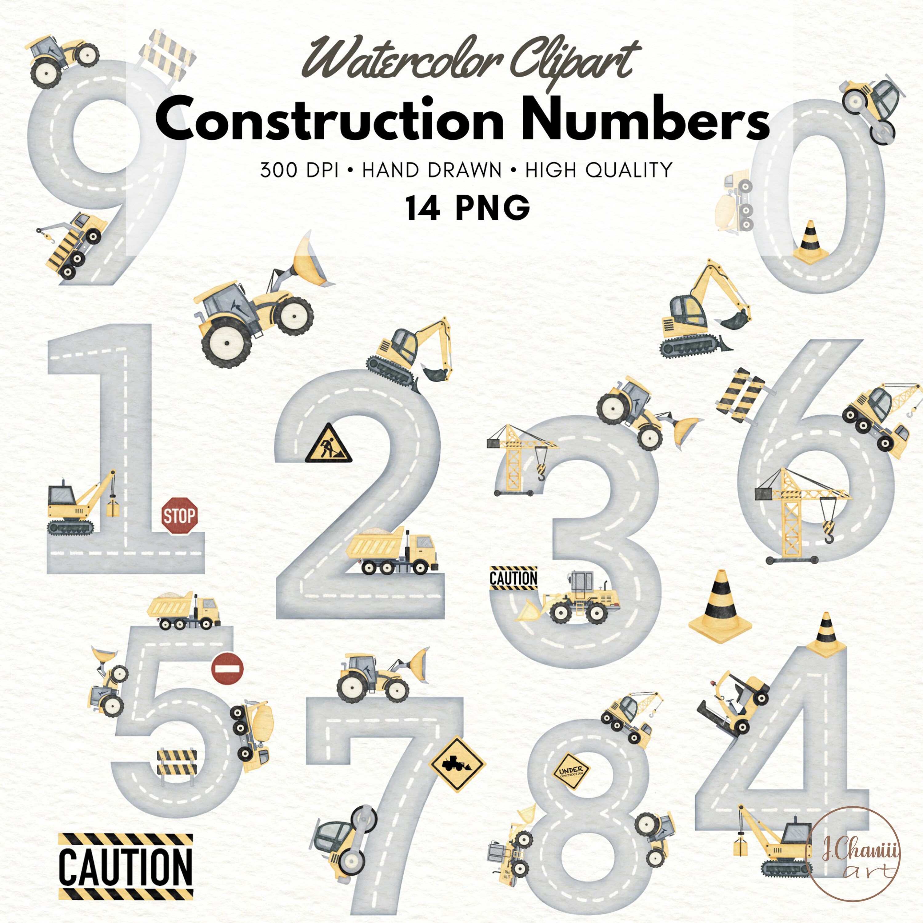 Watercolor Construction Numbers Clipart: Vehicle Birthday (PNG) - Etsy
