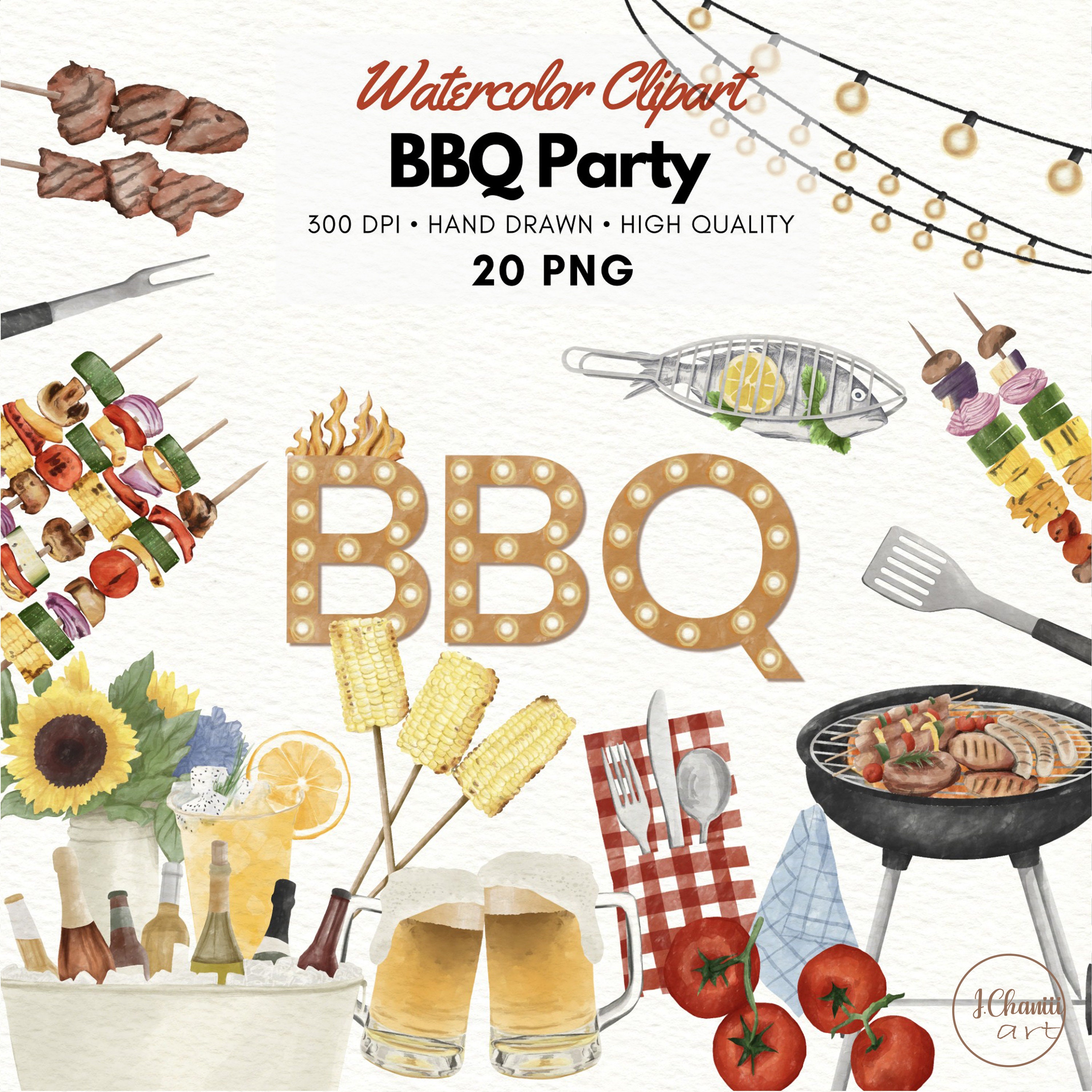 BBQ Party Clipart, Watercolor Backyard BBQ Grill, American Culture ...